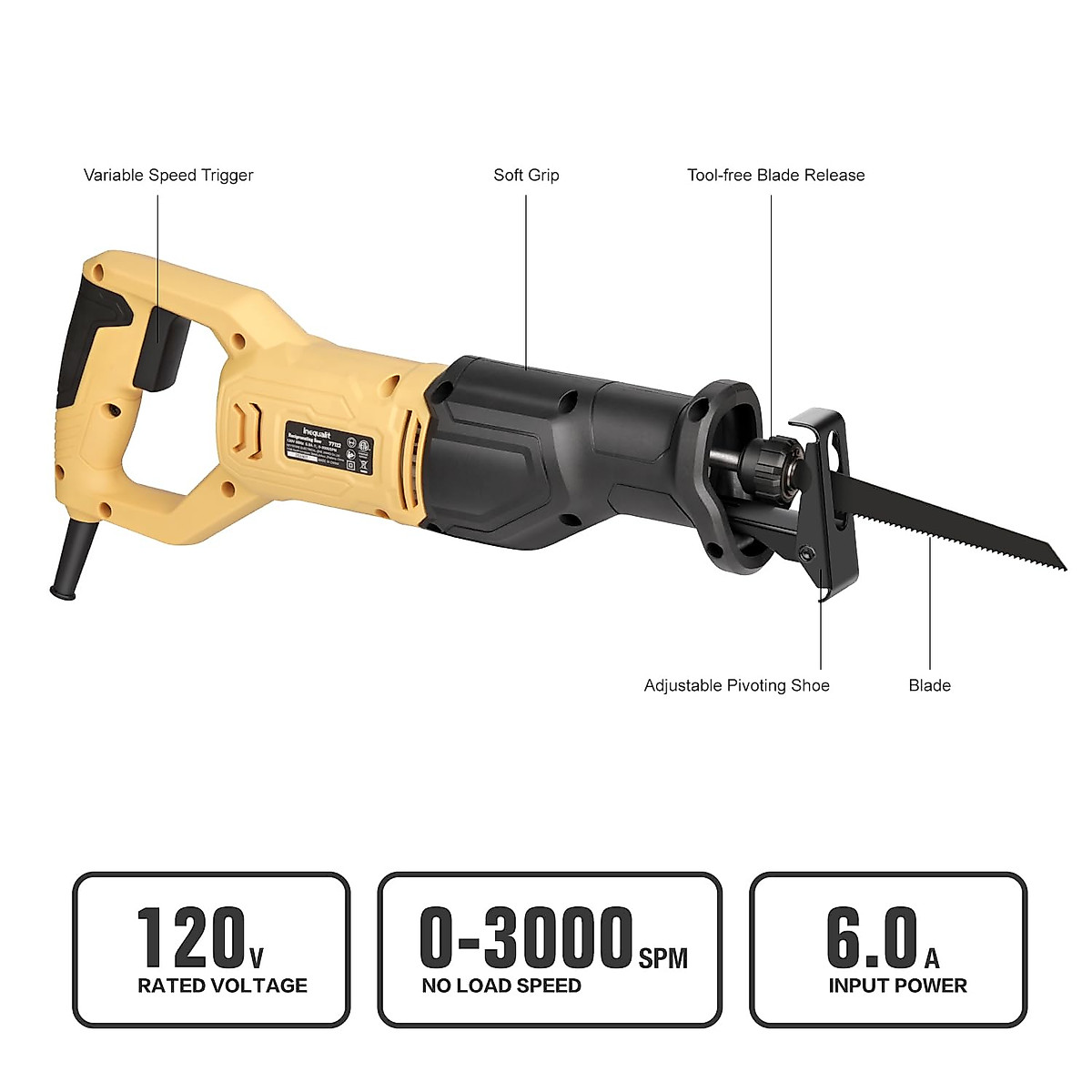 Inequalit 6Amp Reciprocating Saw, 3000SPM Variable Speed Corded Reciprocating Saw with 4/5" Stroke Length, 4-1/2" Max Cutting Depth for Wood, Soft Metal, and PVC Pipes Cutting