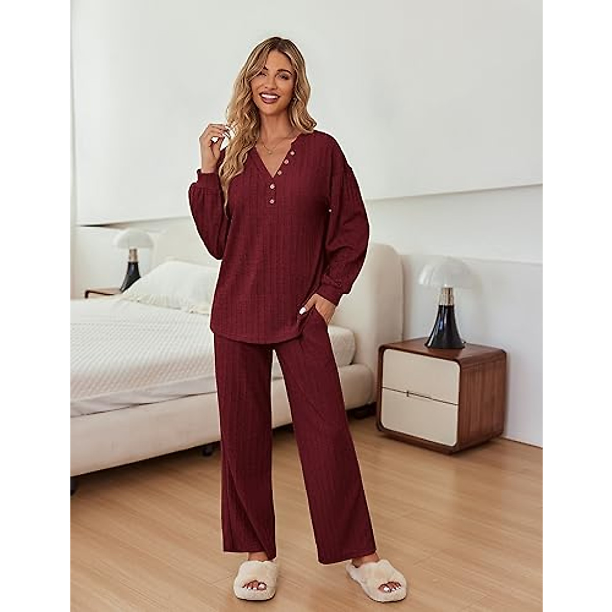 Ekouaer Womens Long Sleeve Knit Lounge Set Casual Sweater Slouchy Pajama Set Cozy Loose Loungewear for Winter with Pockets (Wine Red, M)