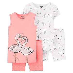 Carter's Toddler and Baby Girls' 4 Piece Cotton Pajama Set (Neon Flamingo, 4t)