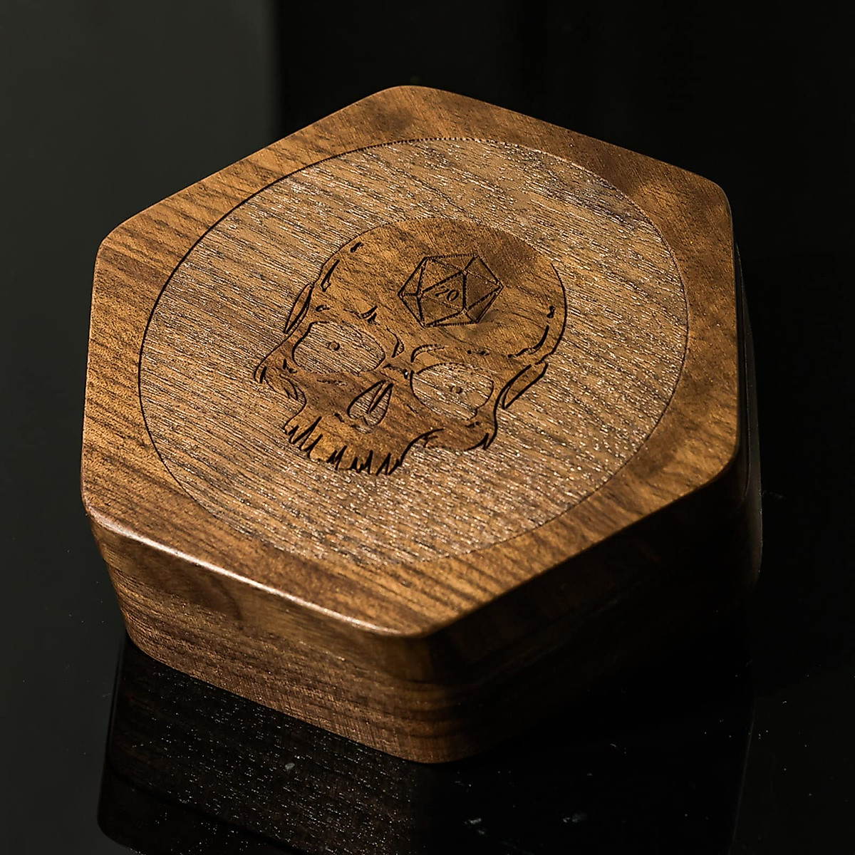 UDIXI Wooden Dice Box Skull Pattern, Walnut Dice Case with Magnetic Lid for Storage 7-Die Polyhedral Dice Set, Easy Carring, DND Gift (Hexagon)