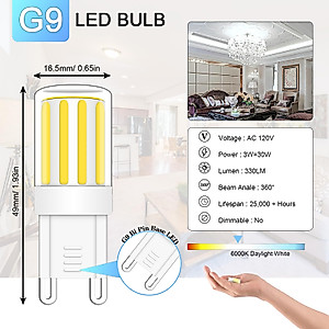 TZHILAN 3W G9 LED Bulb 30W Equivalent Halogen Cool White 6000K 120V Corn Lamp Bi-pin G9 Candelabra Light Energy Saving Bulbs Non-Dimmable for Ceiling Home Lighting, Pack of 6