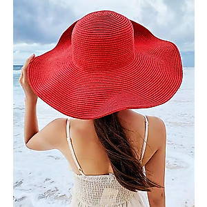 ASSQI Beach summer wide sun foldable hat for women Red