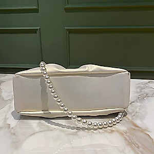 HEYCUE Women's Elegant Pearl Handbag Pleated Design Crossbody Purse Wedding Prom Bride Clutch Purse With Pearl Chain
