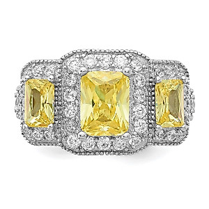 925 Sterling Silver Step Cut Radiant Cut Canary and White CZ Cubic Zirconia Simulated Diamond 3 stone Ring Size 7 Measures 13.25mm Wide Jewelry for Women