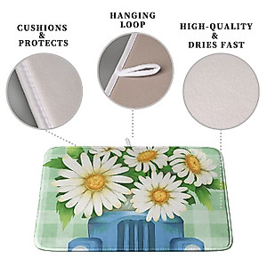 Kwlegh Daisy Dish Drying Mat for Kitchen Counter White Flowers Dish Mat Blue Truck Dish Mat Drying Kitchen Mat Reversible Microfiber Absorbent Coffee Bar Mat for Sinks Dining Table 16x18 Inch
