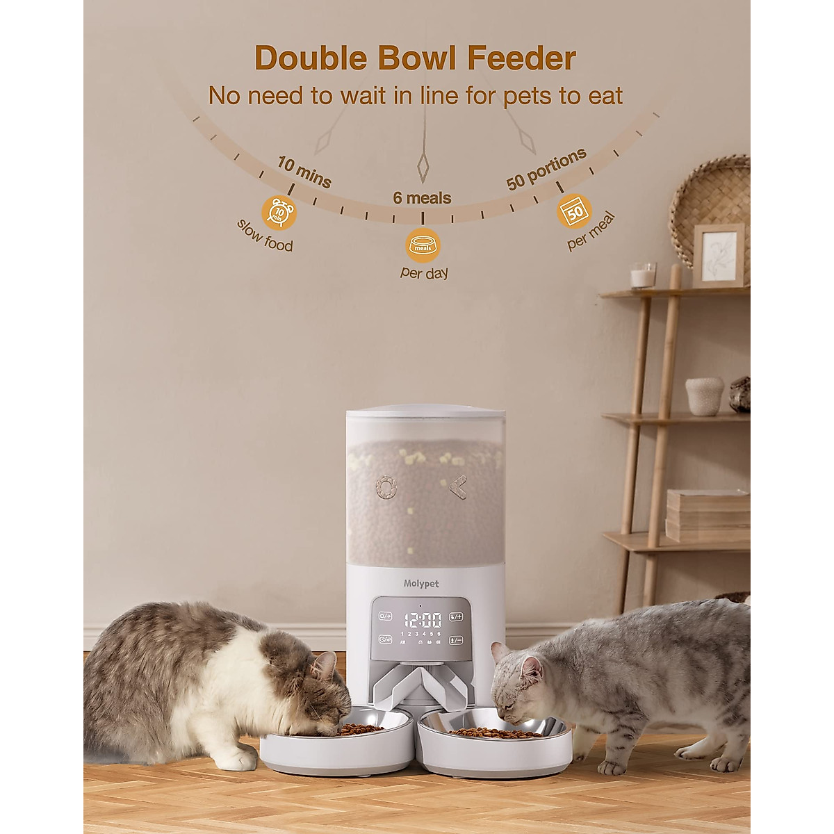 Molypet Automatic Cat Feeders for 2 Cats - 6L Cat Food Dispenser with Double Bowls, Programmable Timed Cat Feeder up to 6 Meals per Day with 10S Voice Recorder, Support Dual Power Supply