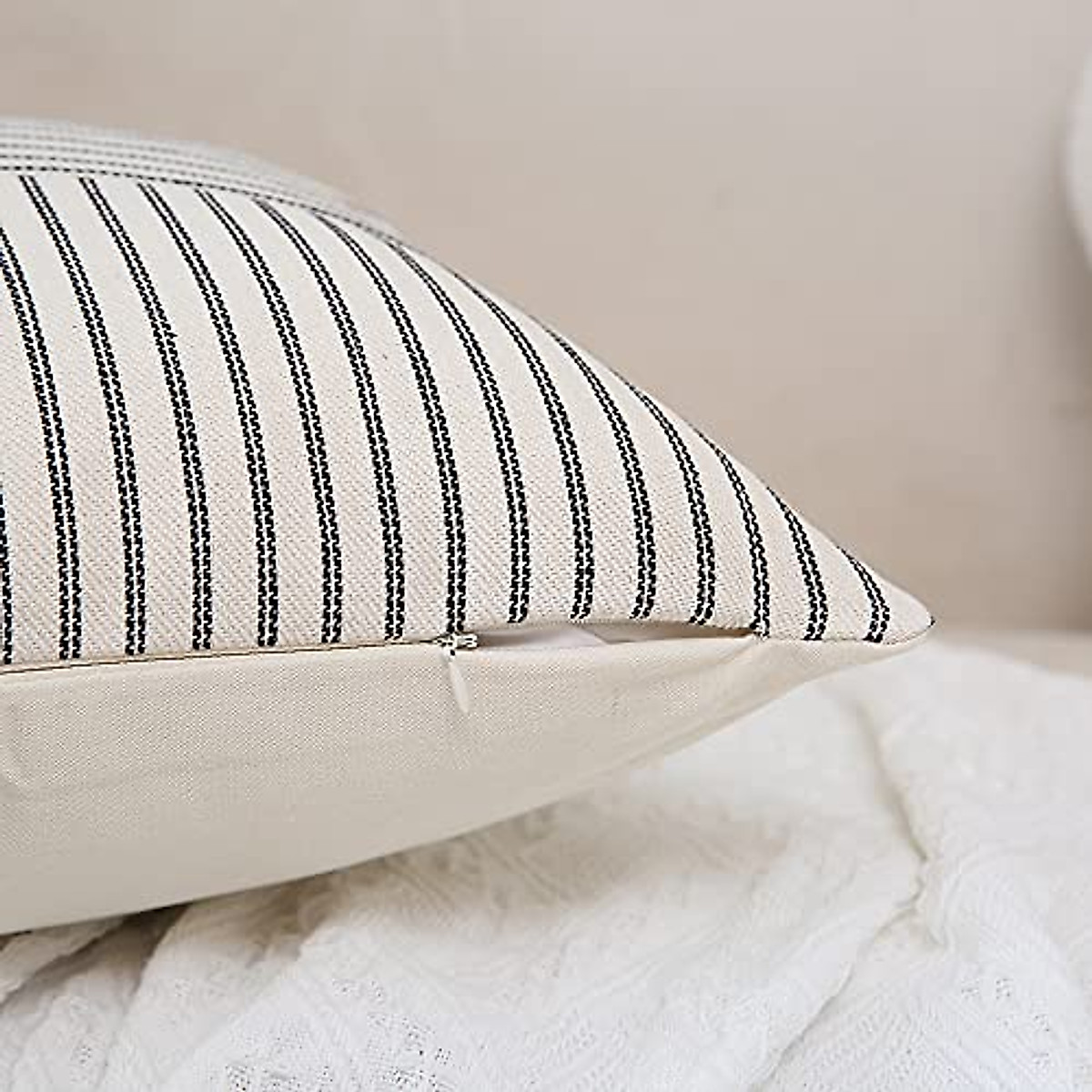 Hckot Black and Beige Patchwork Farmhouse Throw Pillow Covers 18 x 18 Inch, Pack of 2 Striped Linen Decorative Pillow Case for Sofa Couch Chair Bedroom Modern Decor(Black)