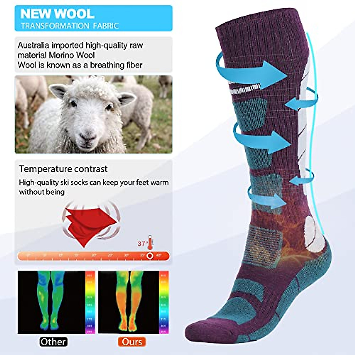 Ski Socks Merino Wool Thermal Knee High Winter Snowboard Sport Socks Men Women, Hunting