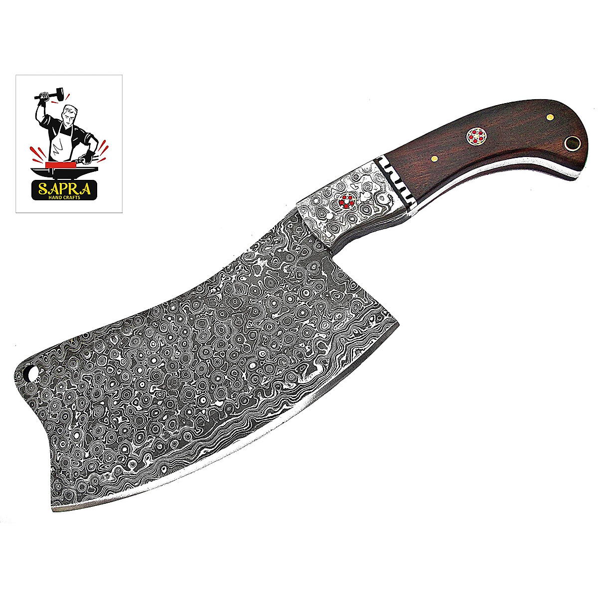Sapra Damascus steel 10.75” Inches Meat Cleaver Chef Butcher Vegetable frozen Boning Cleaver Knife Heavy Duty Sharp Edge Full Tang Meat Cleaver Bone Copper with Genuine Leather Sheath