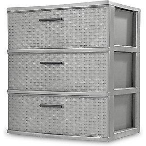 3 Drawer Wide Plastic Weave Tower with Pull Handles,Decorative Storage Drawers for Bedroom, Closet, Office, Cement, 1-Pack