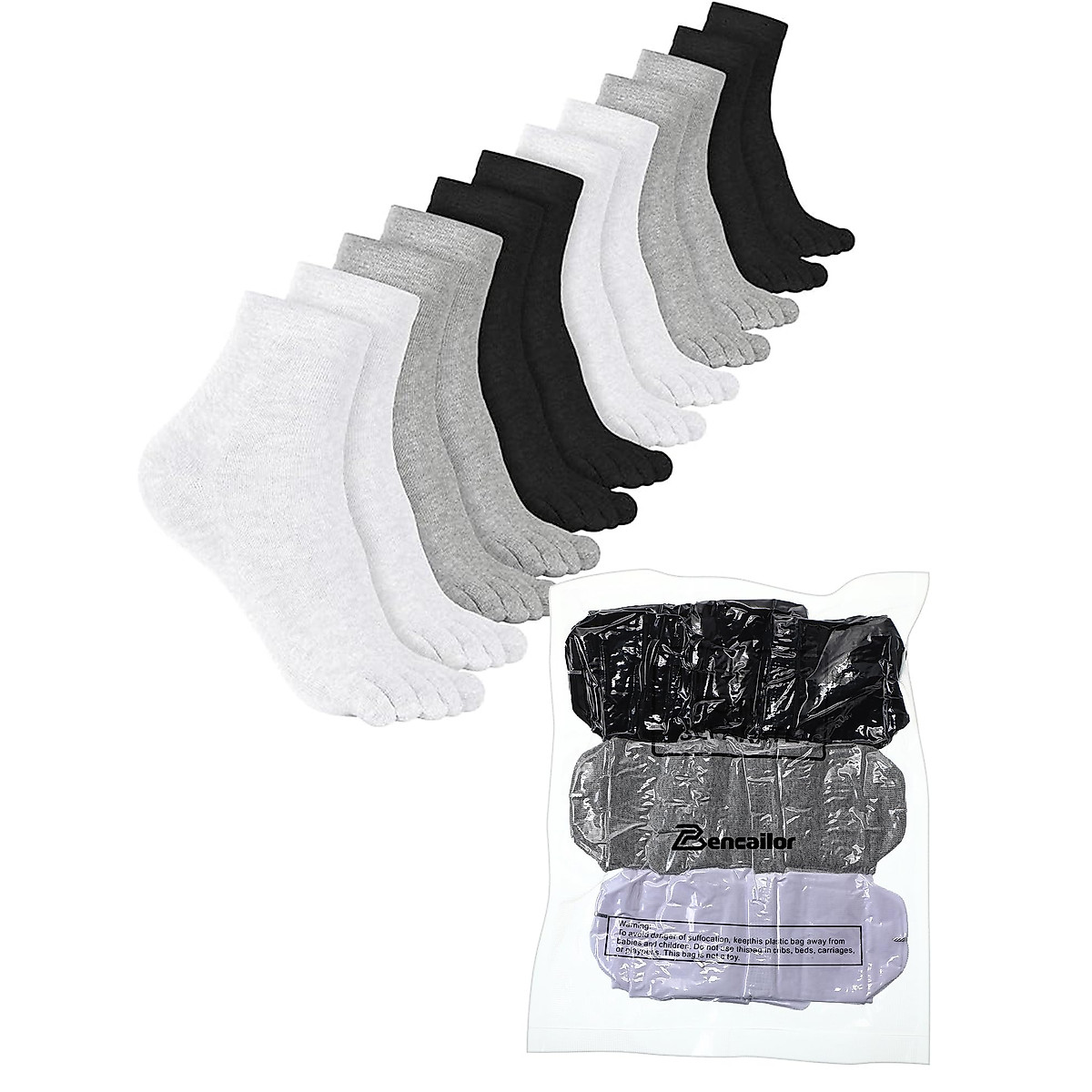 Bencailor 6 Pairs Women Five Toe Socks Cotton Breathable Compression Solid Color Tube Sock for Women Men Athletic Running(5-9,Black, White, Gray)