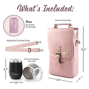 Tilvini Insulated Genuine Leather Wine Tote Bag With 2 Wine Tumblers. Wine Cooler Bag 2 Bottle Wine Carrier Set. Barbie Pink Bag. Wine Purse For Women. Mom Birthday Gift Bachelorette Party Wife Picnic