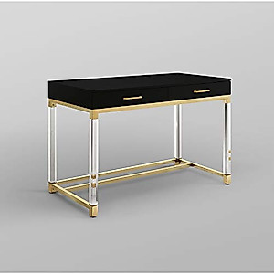 Casandra High Gloss 2 Drawers Writing Desk with Acrylic Legs and Gold Stainless Steel Base, Black/Gold