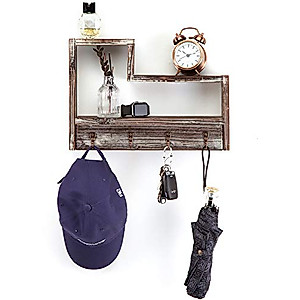 J JACKCUBE DESIGN Wall Mount Entryway Key Holder Rustic Wood Hanging Shelf with 4 Hooks for Keys, Mails, Home Decor Display Wooden Cubby Rack Hanger- MK537A