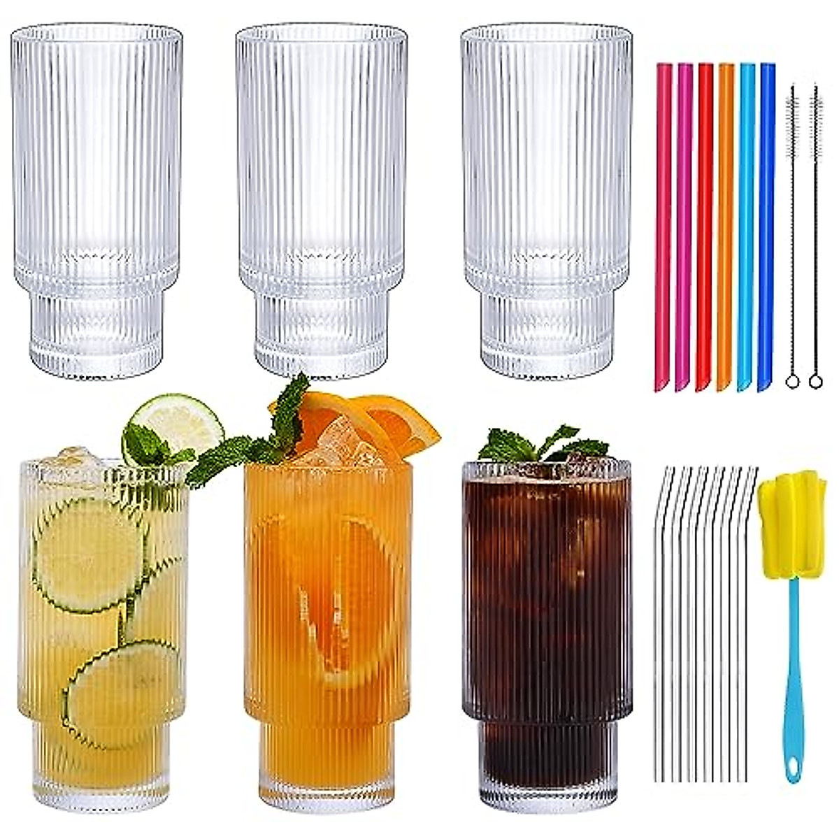 Moretoes Glass Cups, 6pcs,12oz, Ribbed Glassware with Straws Glass, Iced Coffee Cups, Cute Vintage Drinking Glasses Set