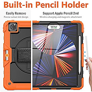CLARKCAS Case for iPad Pro 12.9 inch Case 6th 2022 2021 5th Generation iPad Pro 12.9 Inch 2020 4th Gen with Screen Protector Pencil Holder Kids Shockproof Silicone Cover 360 Stand Hand Strap Orange