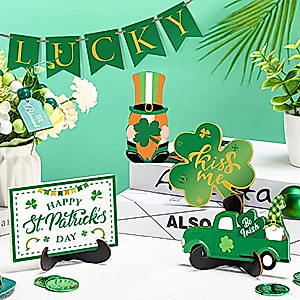 14 Pieces St. Patrick's Day Tiered Tray Decor Set Irish Saint Patrick Themed Tray Decor Home Table Including Shamrock Wood Bead Garland Truck Wood Gnome Farmhouse Sign Tabletop Decorations