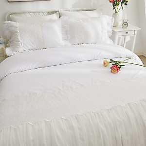 Softta Lace Duvet Cover Set White Bedding 100% Cotton 600 TC Farmhouse 4pcs Bedding Set Soft Romantic Ruffle Boho Flouncing Princess Duvet Cover with Pillowsham and Bedskirt California King