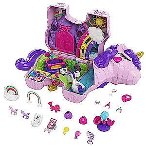 Polly Pocket Micro, Unicorn Party Playset, Pink Unicorn Toy with Purple Hair, 25 Toy Surprises Inside, Toys for Ages 4 and Up, One Playset, GVL88
