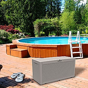 Modern-Depo 100 Gallon Deck Box Waterproof Outdoor Storage Bench Resin Garden Tools Pool Towel Storage Bin Porch Delivery Box, Brown