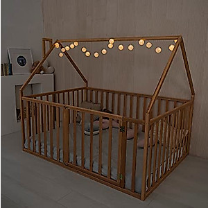BUSYWOOD Montessori Playpen for Toddlers - Kids Play Pen Bed with Roof - High Rails Toddler Playpen - Floor Playpen Bed for Kids - Montessori Bedroom Furniture (Model 21)