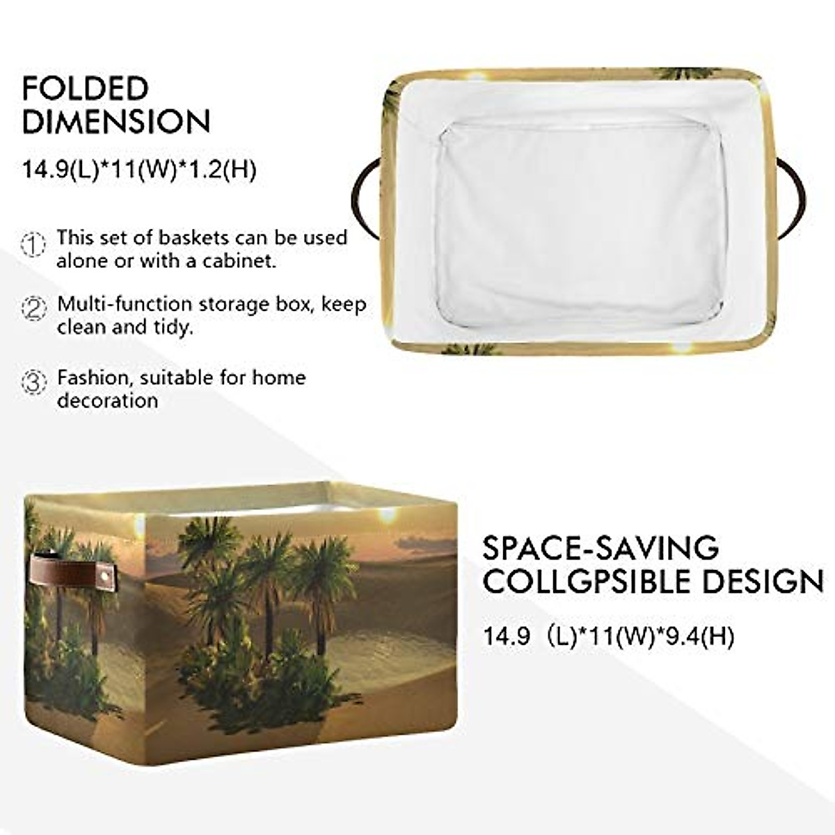 LELEGO Rectangular Storage Basket Tropical Summer Palm Tree Desert Storage Bins Boxes Collapsible Storage Cubes Organizer with Leather Handles for Home Organization Shelf Basket Toy Laundry Hamper Nur