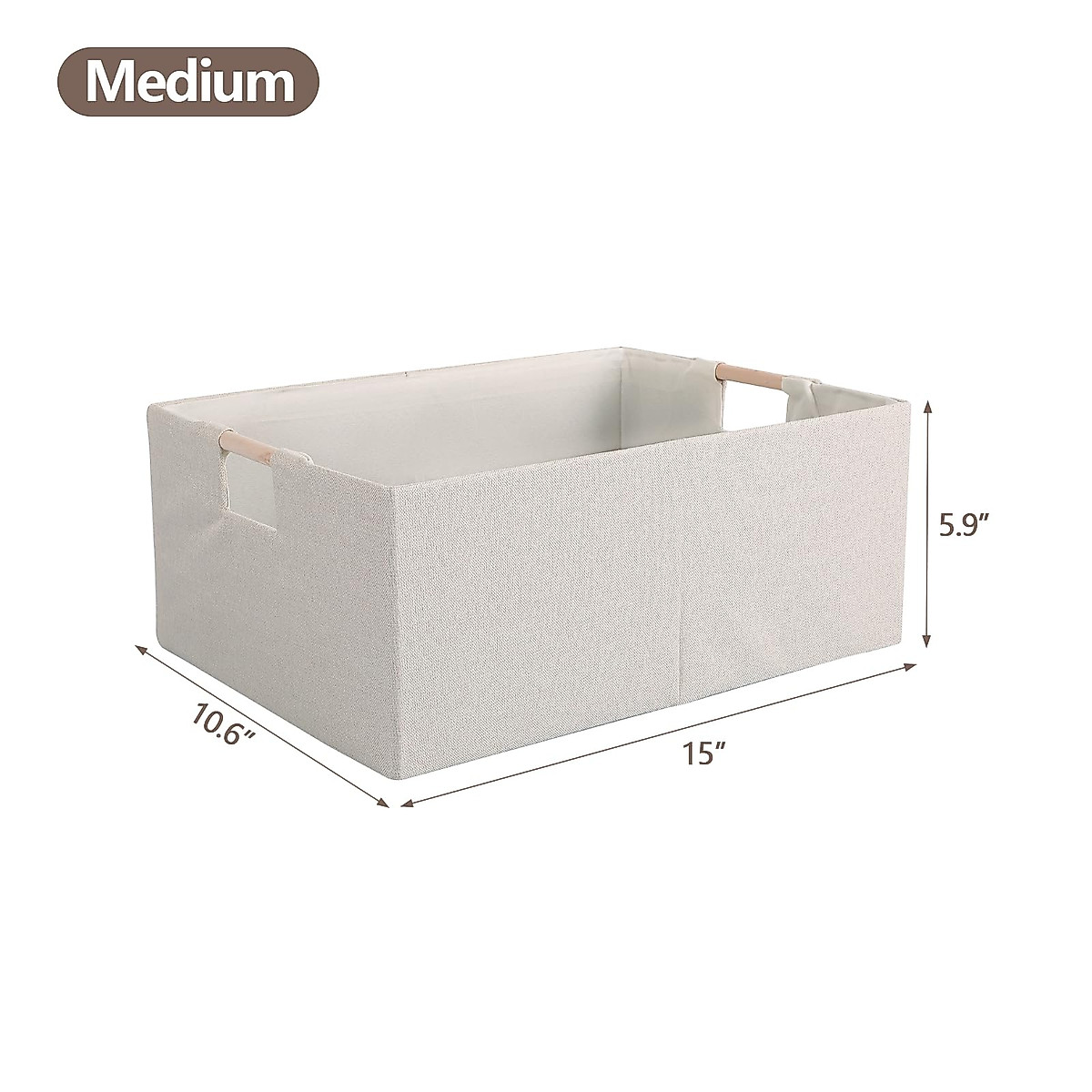 LaMorée Fabric Storage Bin Box Foldable Cotton Linen Storage Basket with Wooden Handles Rectangular Cube Decorative Home Laundry Organizer Clothes Blanket Container – Beige, Medium