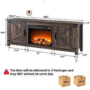 T4TREAM Fireplace TV Stand for 75 Inch TV, Farmhouse Barn Door Media Console, Entertainment Center with 23" Electric Fireplace Remote Control, for Living Room, 66 Inch, Dark Rustic Oak