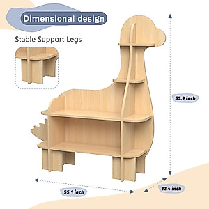 Dinosaur Kids Bookshelf, Wooden Kids Bookshelf and Toy Storage, Wood 4-Tier Montessori Bookshelf for Kids, Durable Bookcase, Eco-Safe Toddler Bookshelf, Toy Organizer for Kids Room, Playroom, Nursery