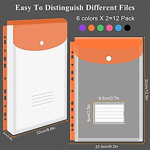 12 Pack Plastic Envelopes Binder Pocket 11 Holes Expandable Binder Folders for 2/3/4 Ring Document Pouch with Snap Button & Label Loose-Leaf Transparent for School Home Office (Vertical-Opening)