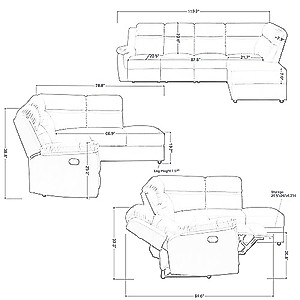 Modern Faux Leather Manual Reclining Sectional Sofa Couch with 2 Cup Holders and Sorage Chaise Lounge, L-Shaped Corner Skin Friendly PU Sofa & Couch for Home Theater Office Living Room Furniture Sets