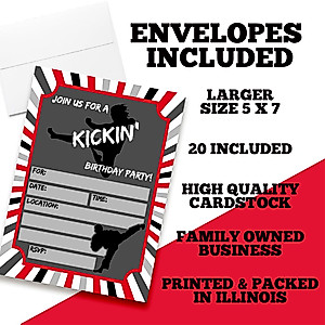 Karate, Tae Kwon Do, Martial Arts Birthday Party Invitations, 20 5x7 Fill In Cards with Twenty White Envelopes by AmandaCreation