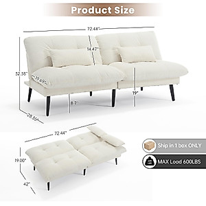 ASAHREE 72'' Corduroy Futon Convertible Sofa Couch,Comfy Sleeper Sofa Bed with Adjustable Backrest, Modern Futon Loveseat for Living Room, Bedroom, Office, Apartment, Dorm, White