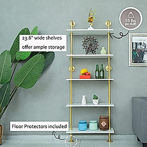 HEONITURE 5 Shelf Modern Gold Bookshelf, Wall Mount White Bookcase, Ladder Shelf with Metal Frame, Display Shelf Shelves for Living Room/Home/Office