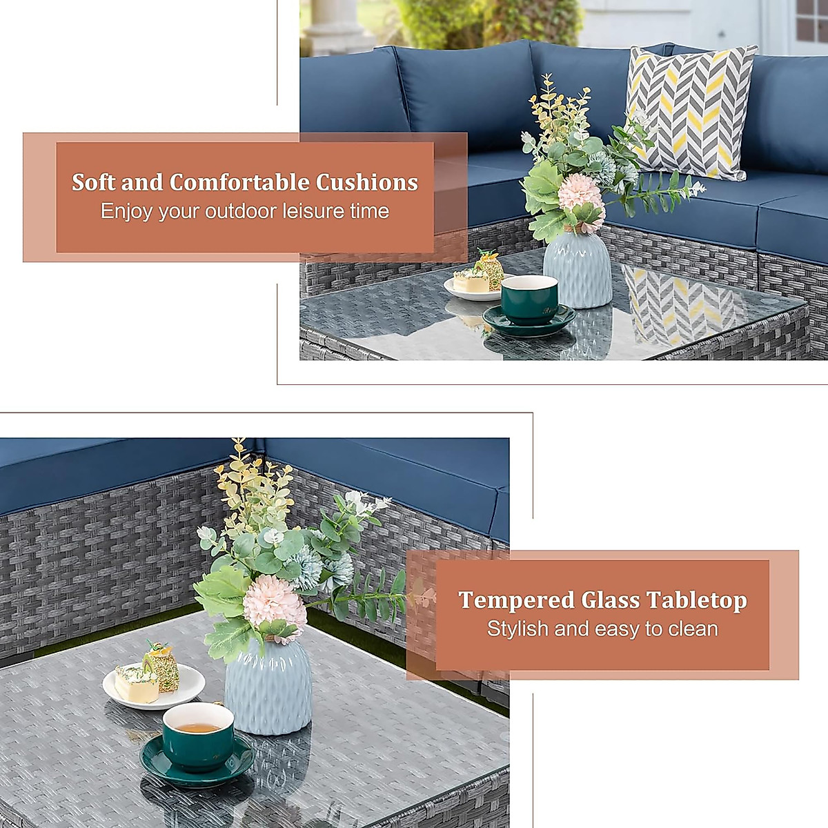 Walsunny Patio Furniture Set, 5 Pieces Outdoor Sectional Sofa Wicker Conversation Sets with Tea Table and Patio Couch Cushions(Royal Blue)