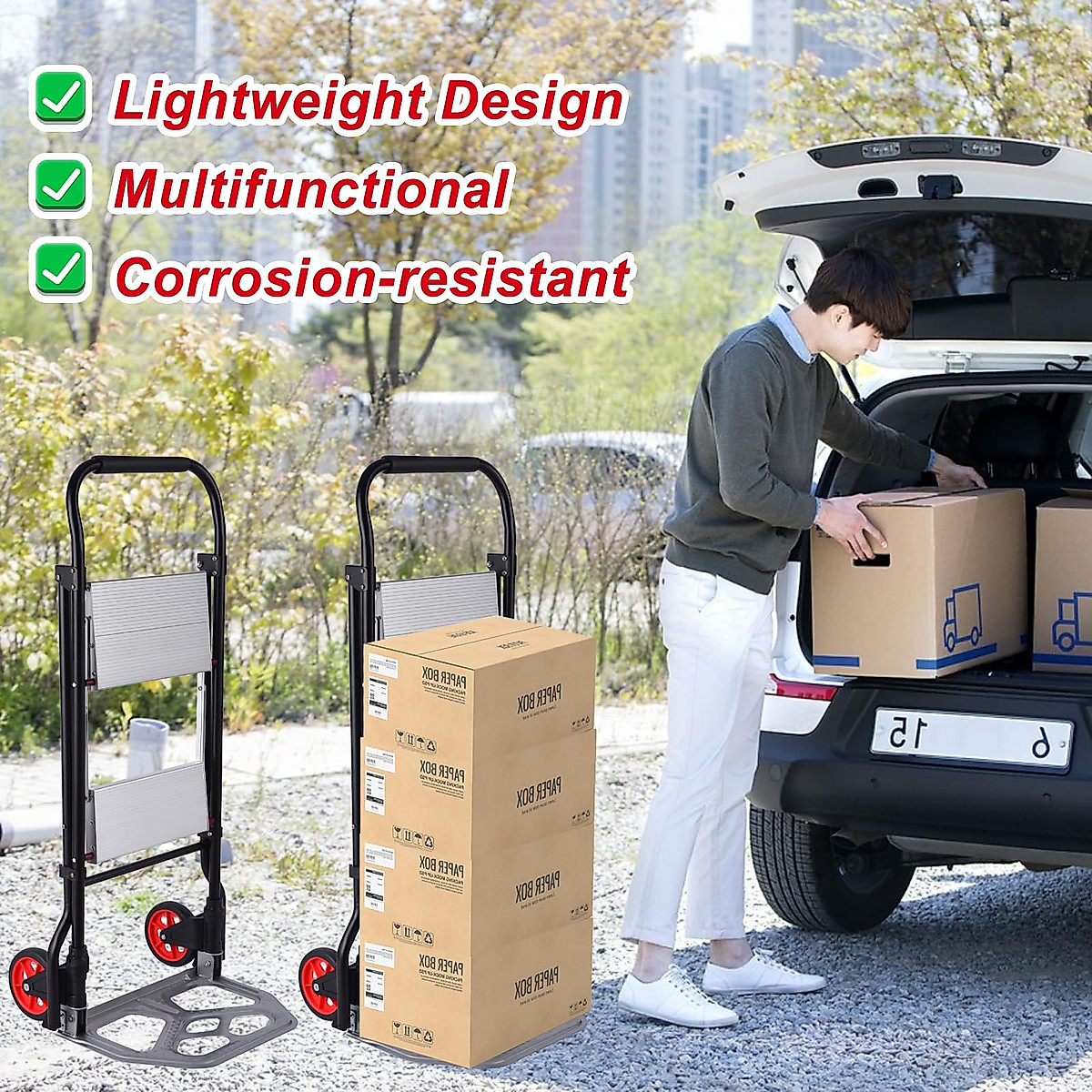 ExGizmo Aluminum Hand Truck,2 in 1 Folding Step Ladder,Portable Aluminum Ladder 551 LBS Load Capacity,Multifunction Collapsible Dolly Cart 220 LBS Load Capacity