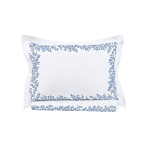 Melange Home Floral Embroidered Duvet Set Full and Queen Size White Sheet Set 600 Thread Count 100% Sateen Cotton Luxury Hotel Bedsheet - Oeko Tex Certified Deep Pocket - Blue Embroidered Piping