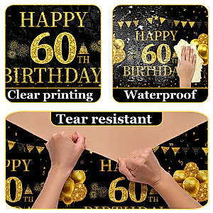 Pymurod 3Pcs 60th Birthday Tablecloth Decorations 60 Year Old Birthday Decorations Black Gold Happy 60 Birthday Table Cloth Rectangle Table Decorations 60th Birthday Party Favors
