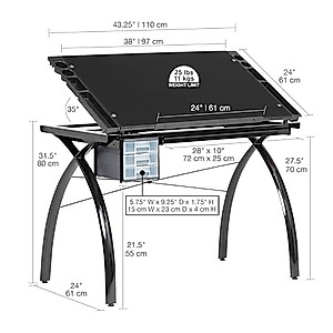 Futura Crafting, Drafting, Drawing Table with Adjustable Top, Black and Black Glass