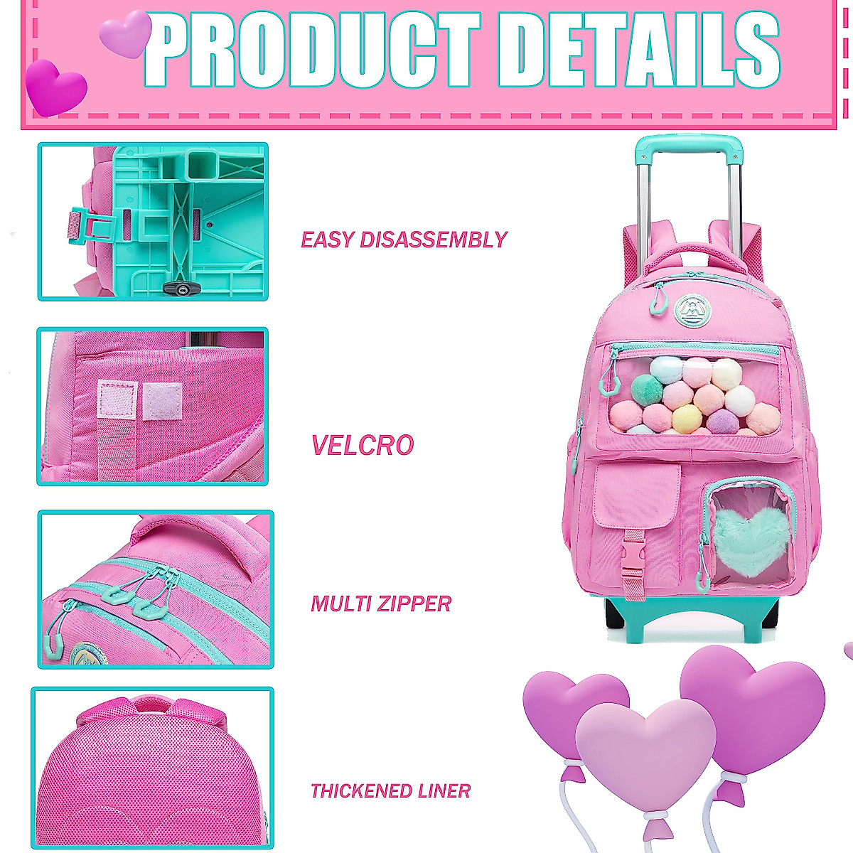 ZBAOGTW Rolling Backpack for Girls Kids Backpack with Wheels Backpacks for Elementary with Lunch Box Pencil Case Trolley Luggage