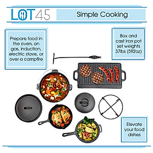 Lot45 Dutch Oven Camping Cooking Set 7pc Cookware - Cast Iron Griddle, 4.5qt Dutch Oven, Frying Pan, 2.5qt Sauce Pan