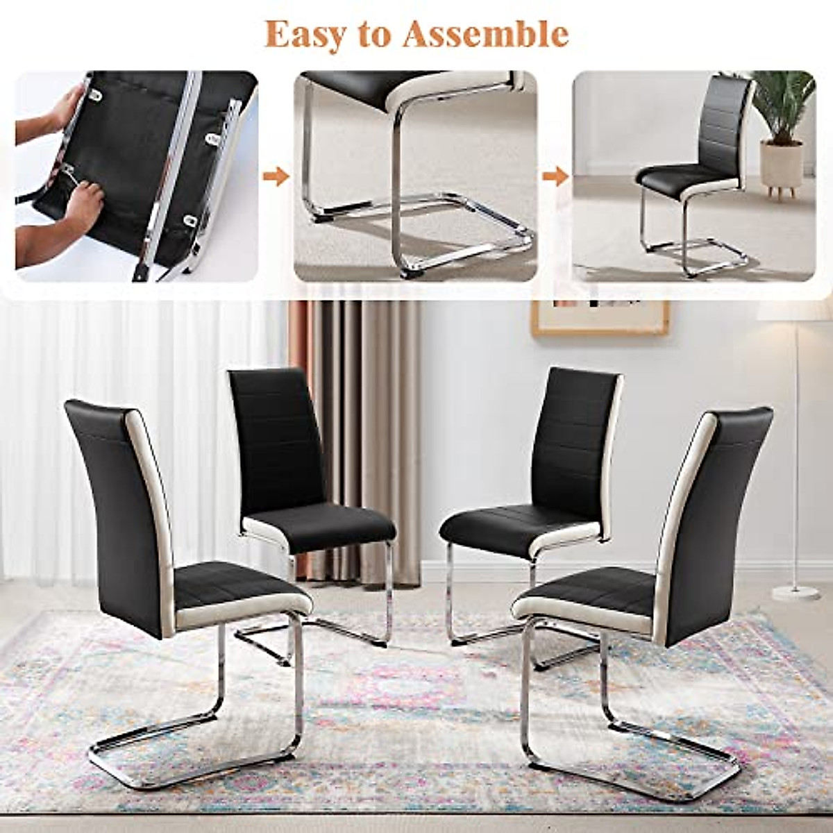 WENYU Dining Chairs Set of 4 – Faux Leather Dining Room Chair Kitchen Chairs with Chrome Legs, Comfortable Side Chairs with Padded Cushion Bedroom Living Room Corner Chairs (Black)