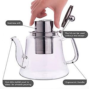 Aserson 1200 ml/40 oz Glass Teapot, Heat Resistant, Stainless Steel Infuser, Handmade, Leaf Tea Brewer, Borosilicate Glass, Stovetop Teapot and Microwave Safe