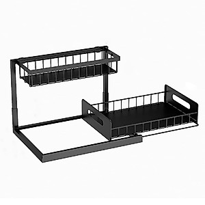 Mlesi Under Sink Organizers and Storage, 2 Tier Sliding Cabinet Basket Organizer with Non-Slip Pads, Multi-Purpose Under Sink Organizer for Bathroom Kitchen, Carbon Steel/Black