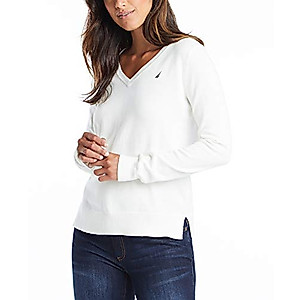 Nautica womens Effortless J-class Long Sleeve 100% Cotton V-neck Sweater, Marshmallow, Medium US