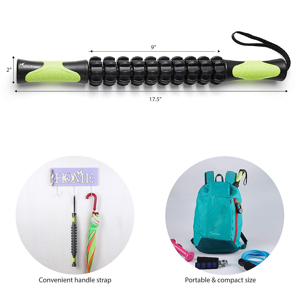 Muscle Roller Stick, Sportneer Body Massage Stick Tools,Calf Roller, Back Leg Massager for Athletes Relief Muscle Soreness, Cramping and Tightness,Soothing Cramps (Black-Upgraded Version)