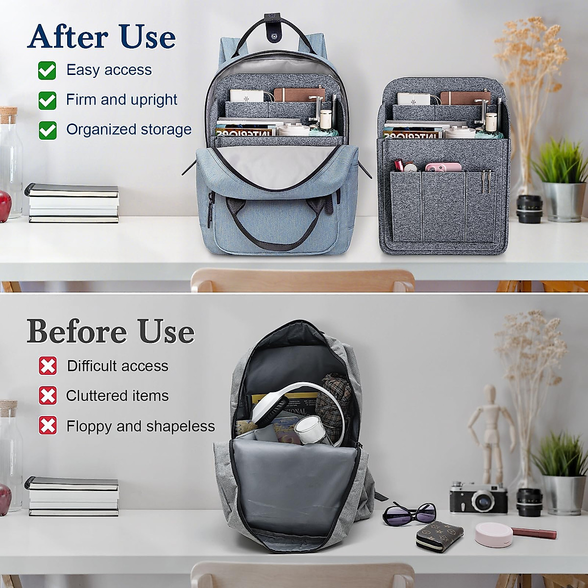 APSOONSELL Large Backpack Organizer Insert Felt Bag Organizer with Zipper Backpack Shaper Foldable Tote Organizer for Rucksack Shoulder Bag, Gray, XL