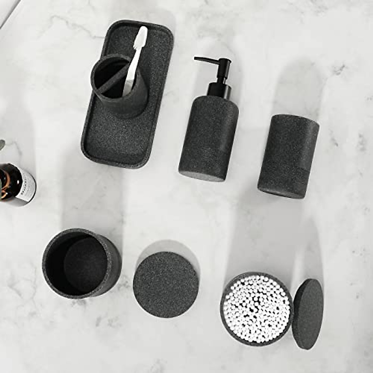 ZCCZ - Black Bathroom Accessories Set 6 Pcs - Lotion Soap Dispenser, 2 Qtip Holder Dispenser, Toothbrush Holder, Vanity Tray, Bathroom Tumbler - Decorative Countertop Vanity Organizer