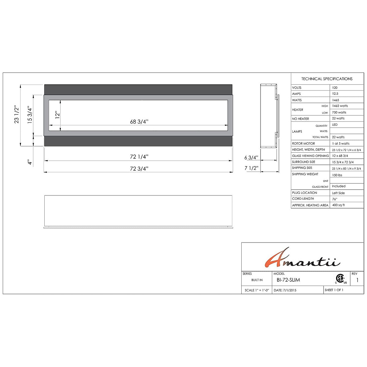 Amantii 72" Panorama Slim Indoor/Outdoor Electric Built-in Fireplace