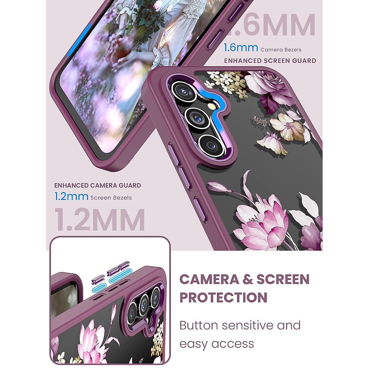 DagoRoo for Samsung Galaxy A54 5G Case with Tempered Glass Screen Protector [2 Pack],[Military Grade Protective] Slim Soft TPU & Hard PC,Girls Women Crystal Clear Flower Pattern Cases (JD-Purple)